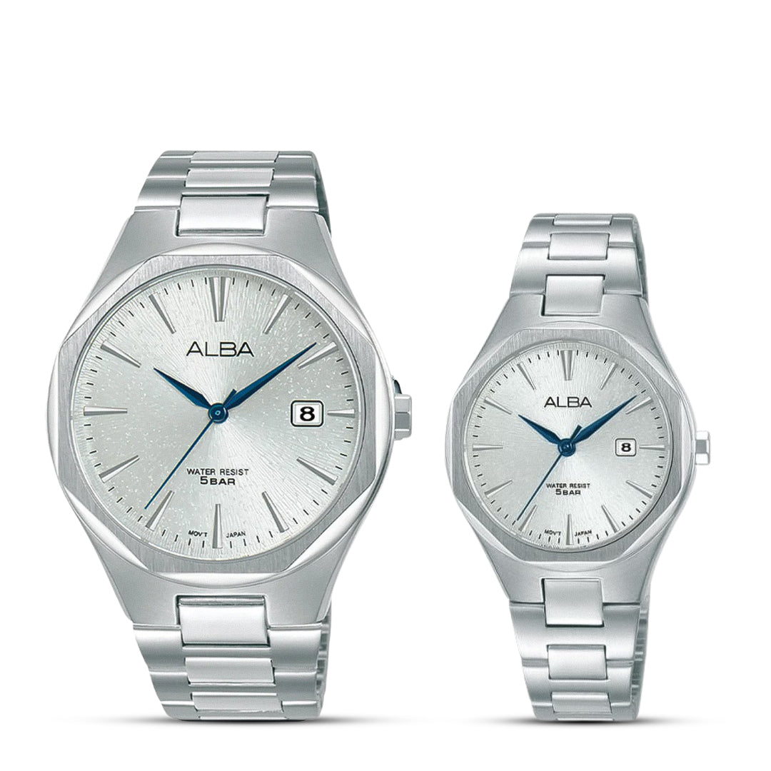 Alba Prestige Silver Textured Sunray Dial Couple Watch | AS9U61X & AH7