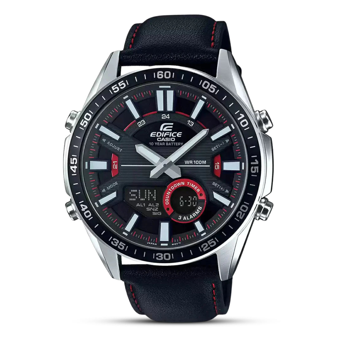 Casio Edifice Digital-Analogue Black Dial Leather Strap Watch | EFV-C1