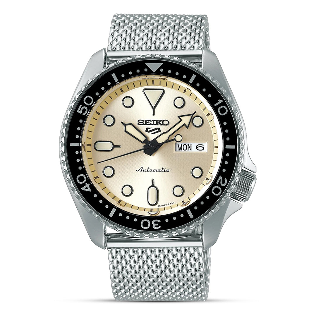 Seiko 5 Sports Automatic Cream Dial Mesh Band Men's Watch | SRPE75K1