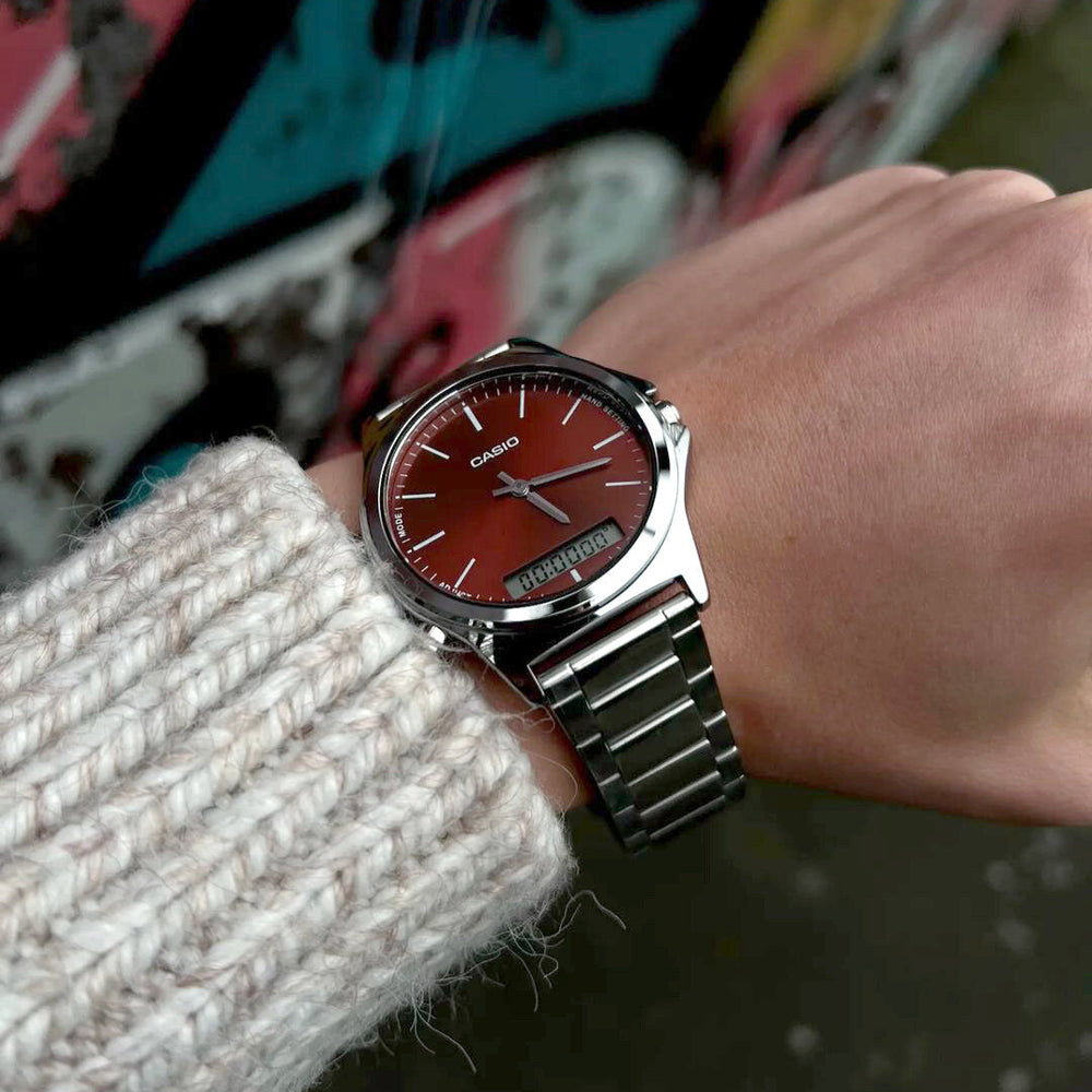 Casio Minimalist Dual Timer Red Dial Stainless Steel Watch | MTP-VC01D